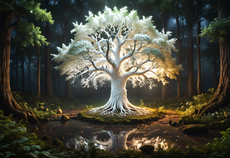 White Glowing Tree. Generative AI Stock Illustration - Illustration of ...
