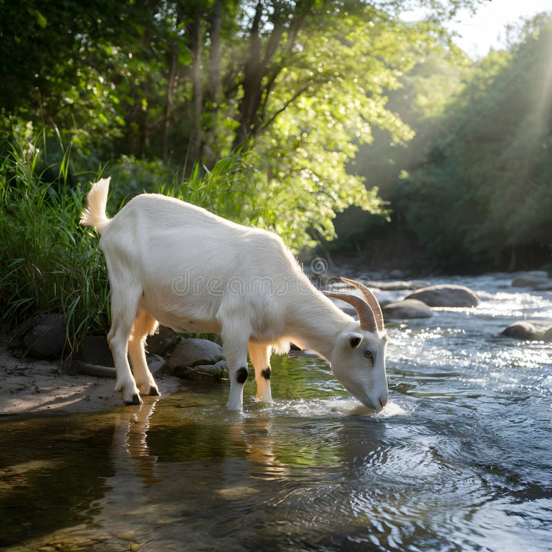 A White Goat Drinks from a River in Peaceful, Lush Natural Setting ...