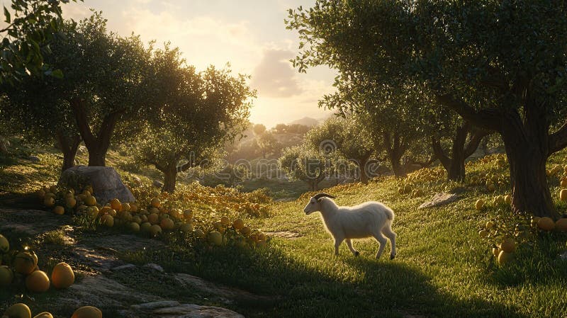 White Goat Grazing in Idyllic Sunset Orchard Stock Photo - Image of ...