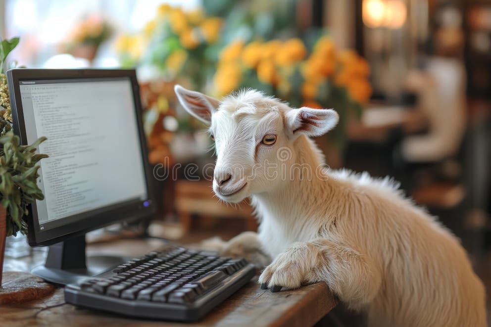 White Goat Kid Programming Source Code on a Desktop Computer Keyboard ...