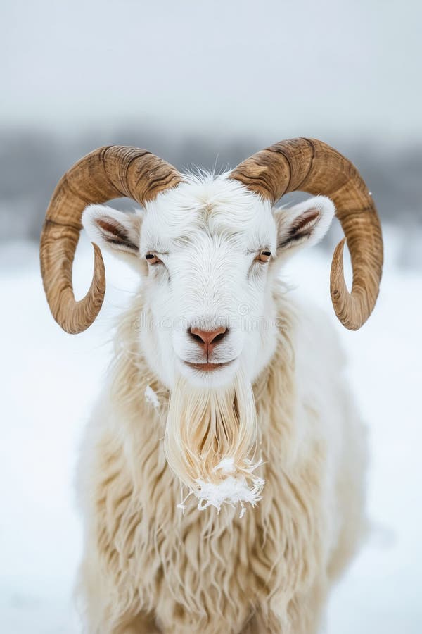 A White Goat with Large Horns Standing in the Snow. Generative AI Stock ...