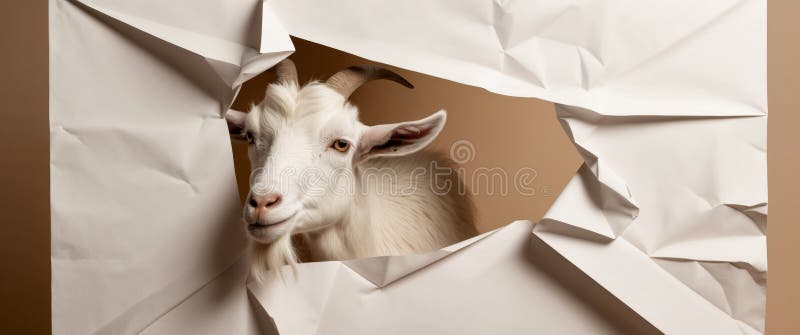 White Goat Peeking through Crumpled Paper. Stock Image - Image of ...