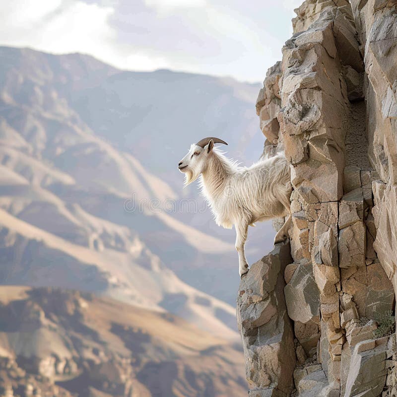 White Goat Perched on a Cliff Overlooking a Mountain Range Stock ...