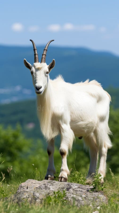 A White Goat Standing on a Rock in the Grass, AI Stock Photo - Image of ...