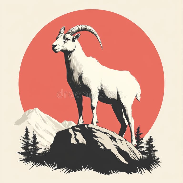 White Goat Stands on a Rock in Front of a Red Circle Stock Illustration ...