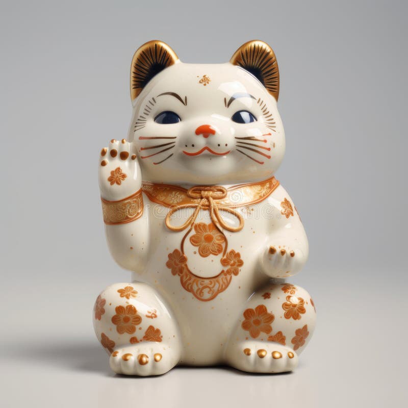 A White and Gold Cat Figurine Sitting on a Table. Lucky Cat Figurine ...