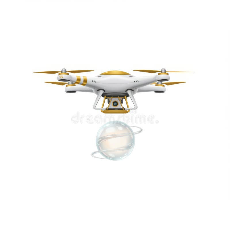White and Gold Drone with a Sphere Flying Object Over White Background ...