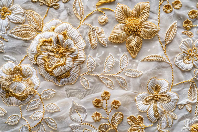 White and Gold Embroidery Texture Background, Abstract Embroidered ...