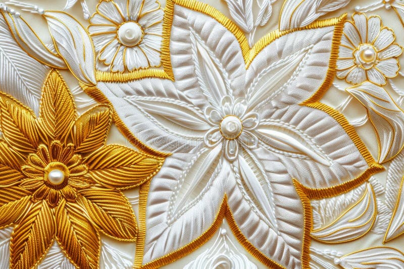 White and Gold Embroidery Texture Background, Abstract Embroidered ...