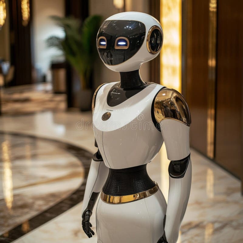 White and Gold Humanoid Robot in a Modern Lobby Stock Illustration ...
