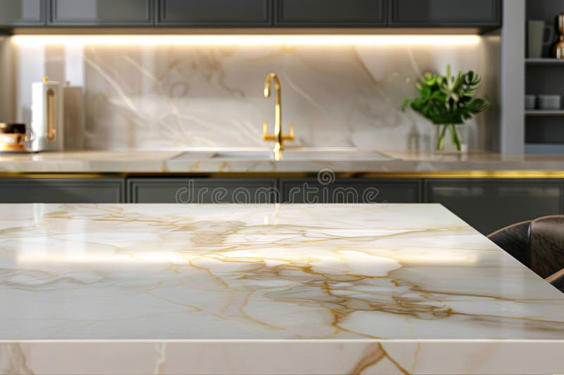 White Gold Kitchen Countertop on Blurred Background, Luxury Table ...