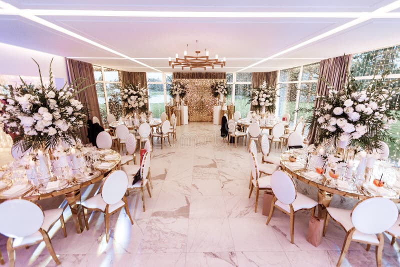 White and Gold Theme Event Interior Stock Image - Image of intimate ...