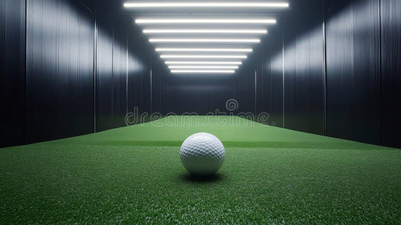 White Golf Ball on Green Artificial Turf in Modern Indoor Facility ...