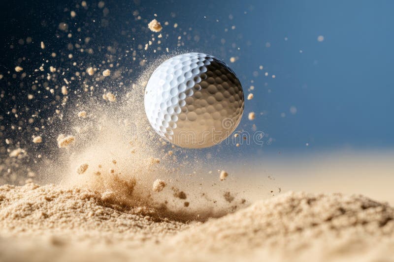 A White Golf Ball Soars through the Air, Creating a Dramatic Sand ...