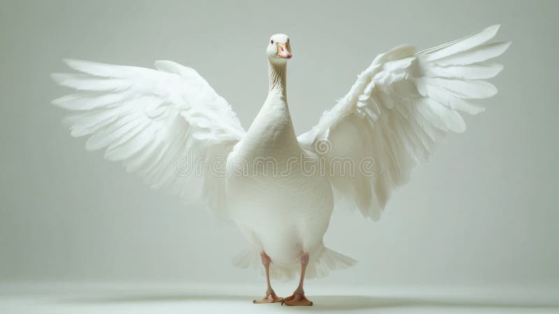 White Goose Flapping Wings while Standing on One Leg in a Clear Studio ...