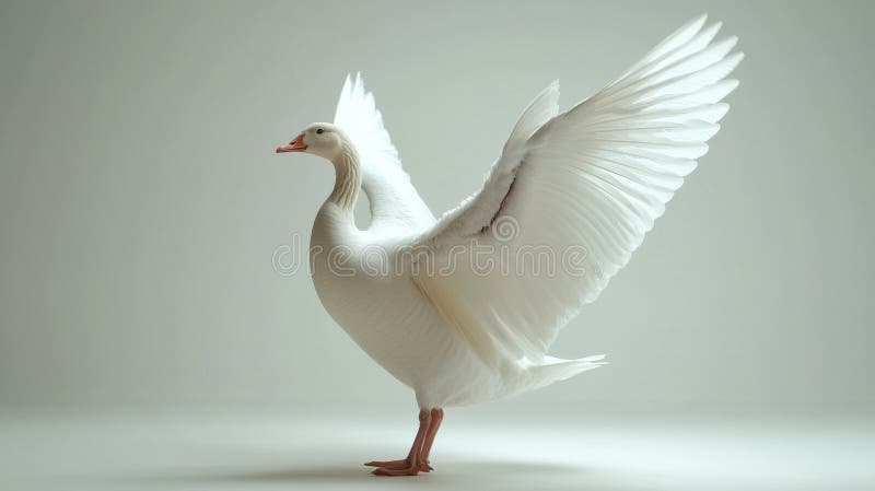 White Goose Flapping Wings while Standing on One Foot in a Clear Studio ...
