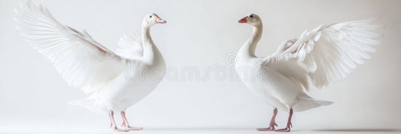 White Goose Flapping Its Wings while Standing on One Foot in a Bright ...