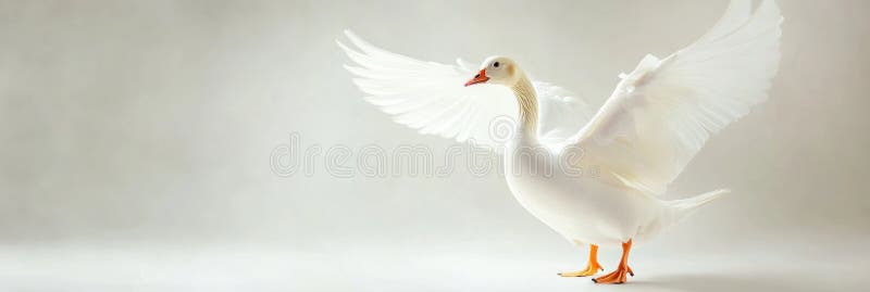 White Goose Flapping Its Wings while Standing on One Foot in a Bright ...