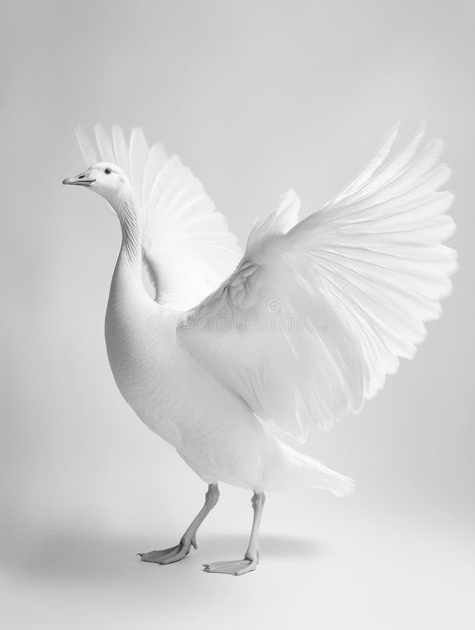 White Goose Displaying Wings in a Studio Setting, Balancing on One Foot ...