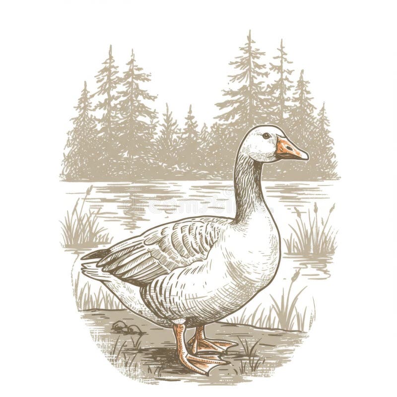 White Goose by Lake in Rustic Drawing Style Stock Illustration ...