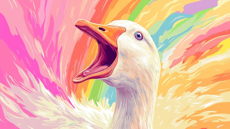 White Goose with Rainbow Background Illustration, Meme White Duck Stock ...