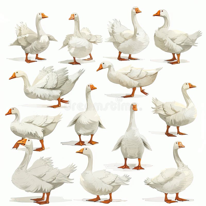 White Goose Set, Character Design of a Silly Goose, Vintage Style Stock ...