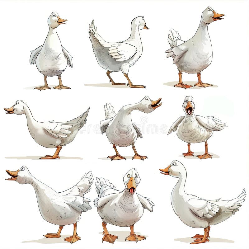 White Goose Set, Character Design of a Silly Goose, Vintage Style Stock ...