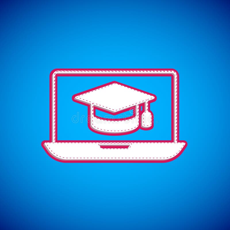 White Graduation Cap on Screen Laptop Icon Isolated on Blue Background ...
