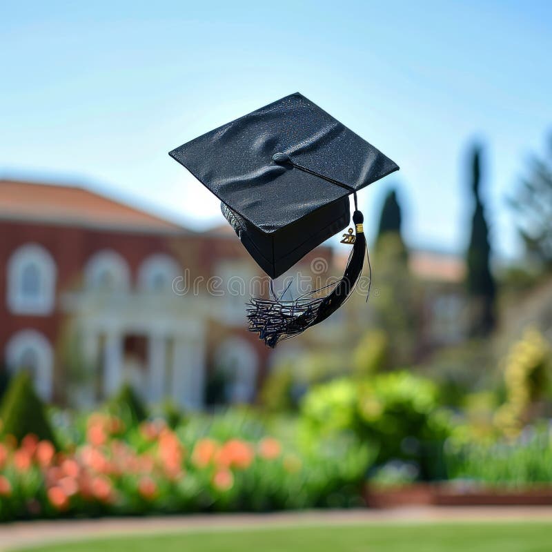 White Graduation Cap Soaring on Sunny University Campus, Symbolizing ...