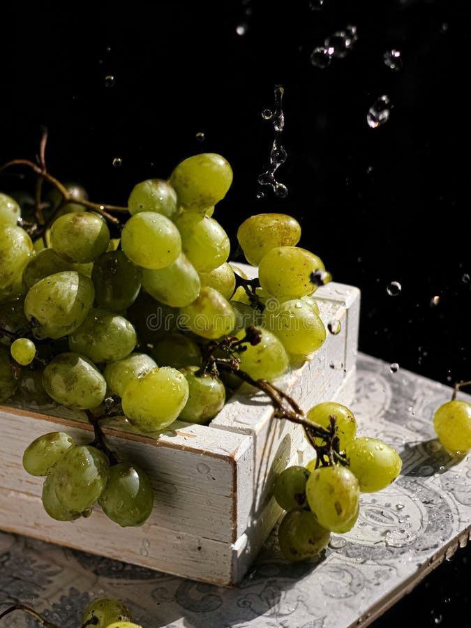 White Grapes, Drops of Water Pouring on the Grapes Stock Photo - Image of food, plant: 254951320