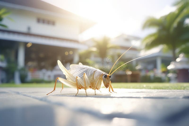 White Grasshopper Crawling on the Kitchen Floor in a Brightly Lit Room ...