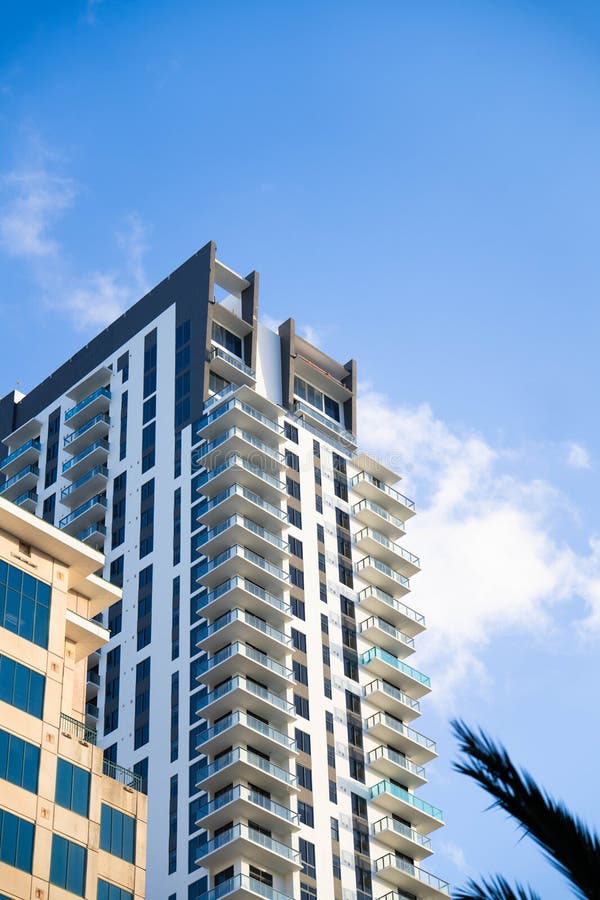 White Gray Building Downtown Many Balconies Blue Sky Background Stock ...