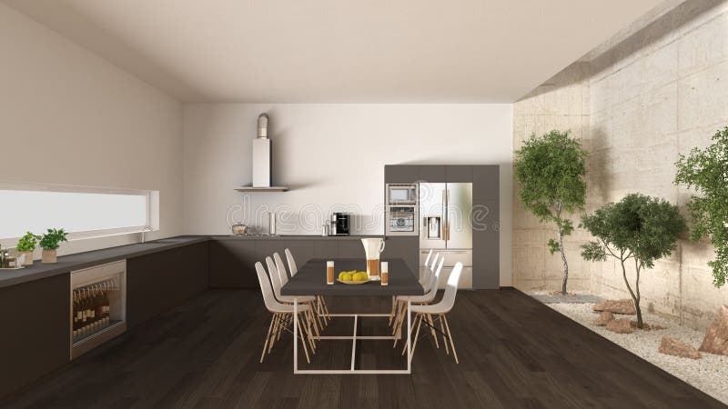 White and Gray Kitchen with Inner Garden, Minimal Interior Design Stock ...