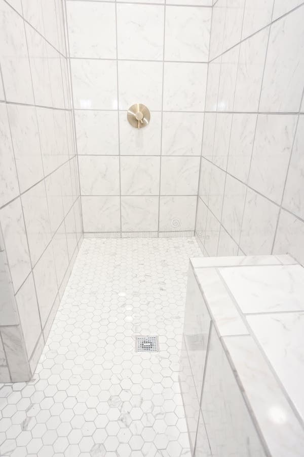 White and Gray Marbled Tile Large Empty Recently Renovated Home Shower ...