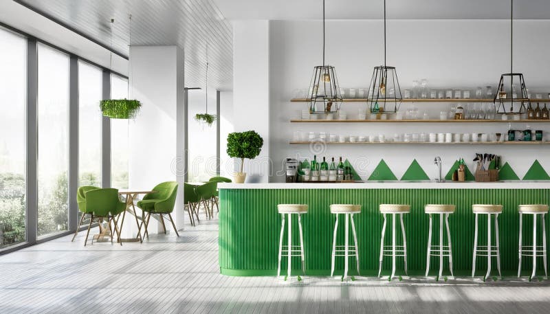 White and Green Cafe Interior with Bar Counter Stock Illustration ...