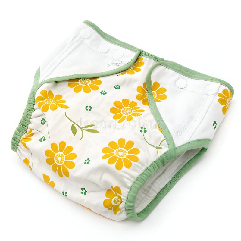 White and Green Diaper with Yellow Flower Pattern Isolated on White ...