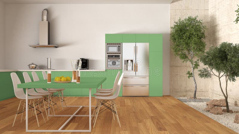 White and Green Kitchen with Inner Garden, Minimal Interior Design ...