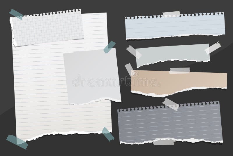 White, Grey, Brown Torn Note, Notebook Paper Pieces are on Black ...
