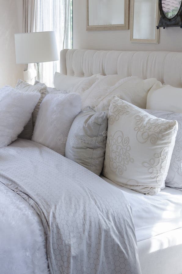 White and Grey Pillows on Bed Stock Photo - Image of comfort, pillow ...
