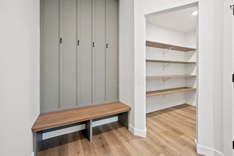White and Grey Room with a Bench and a Small Locker Room Stock Image ...