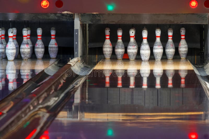 White Group Bowling Pins on the Bowling Track. Stock Photo - Image of ...