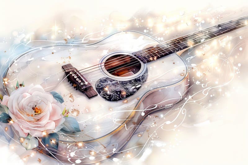 A White Guitar with Roses and Sparkles Stock Image - Image of musical ...