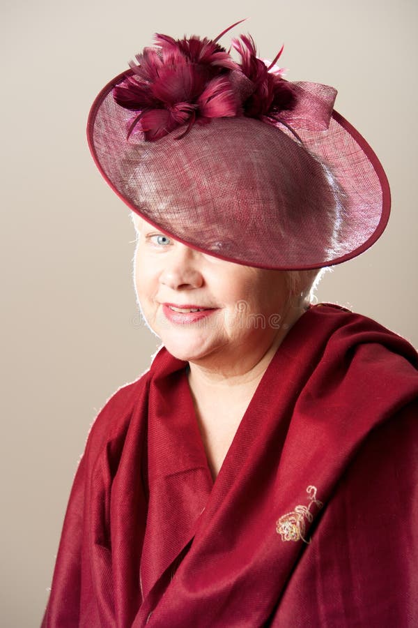 White-haired Woman in Red Hat and Scarf Stock Photo - Image of portrait ...
