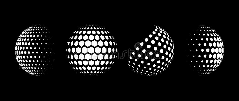 White Halftone Pattern Sphere Collection. Hexagon Wireframe 3d Circle ...
