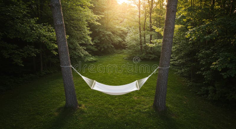 White Hammock Hanging between Trees in a Sunlit Forest Stock ...