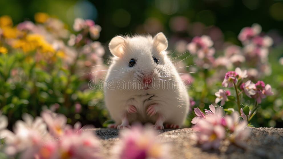 A White Hamster Set Against the Backdrop of a Lovely Spring Scene Stock ...
