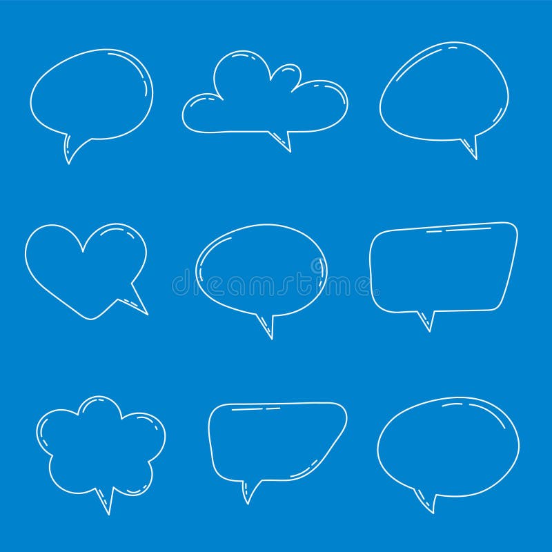 White Hand Drawn Outline Speech Bubbles Collection on Blue Background ...
