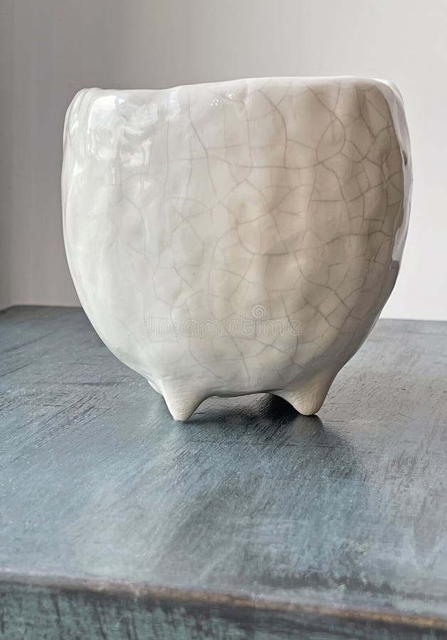 White Handmade Glaze Ceramic Flowerpot on Blue Background. Empty Pot ...