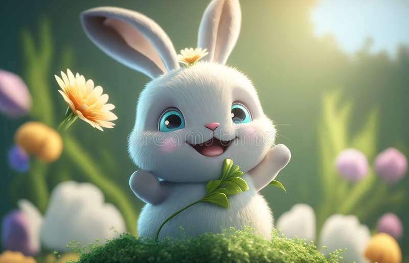 White Happy Rabbit on a Natural Floral Background Stock Illustration ...