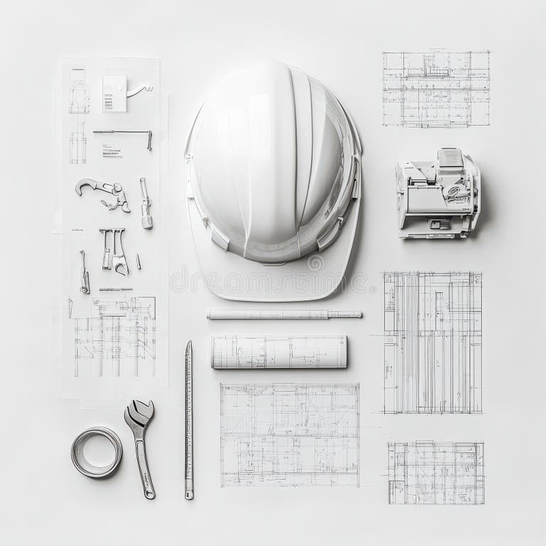White Hard Hat Blueprints and Tools Architectural Design Project Stock ...